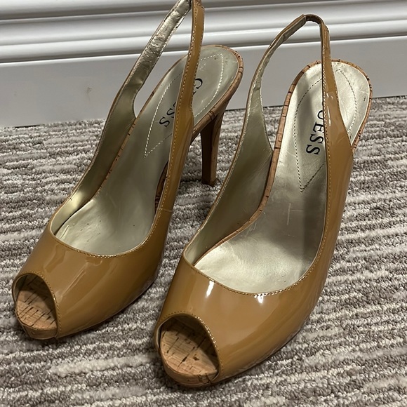 Guess | Shoes | Guess Euc Sling Back Cork Heels Nude Patent Leather ...